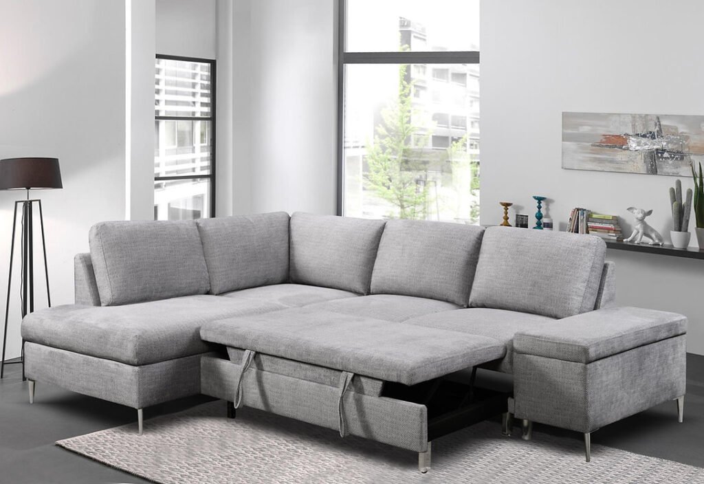 Soft Grey Fabric LHF Sofa Bed Sectional with Storage Bench - Elements ...